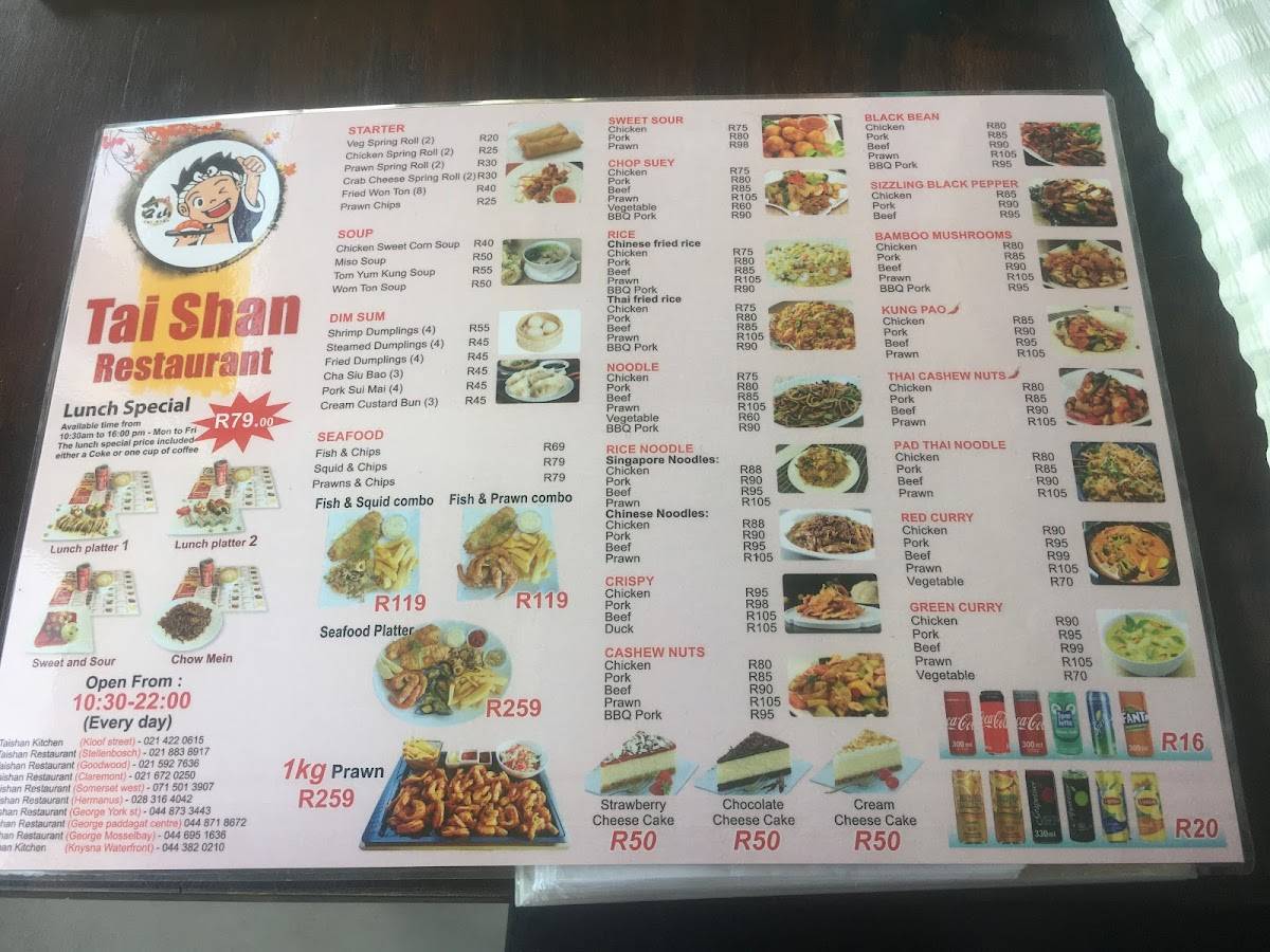 Menu at Tai shan Restaurant, Cape Town, 48 2nd Ave