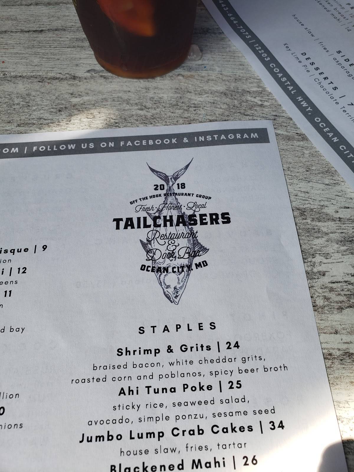 Menu at Tailchasers Restaurant & Dock Bar, Ocean City