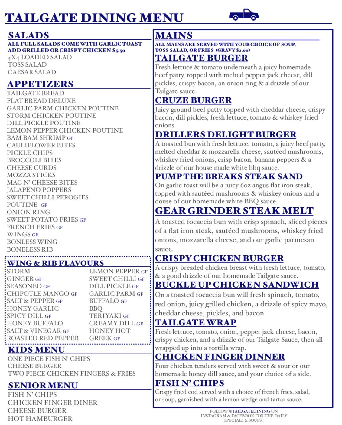 Menu at Tailgate Dining restaurant, Carievale
