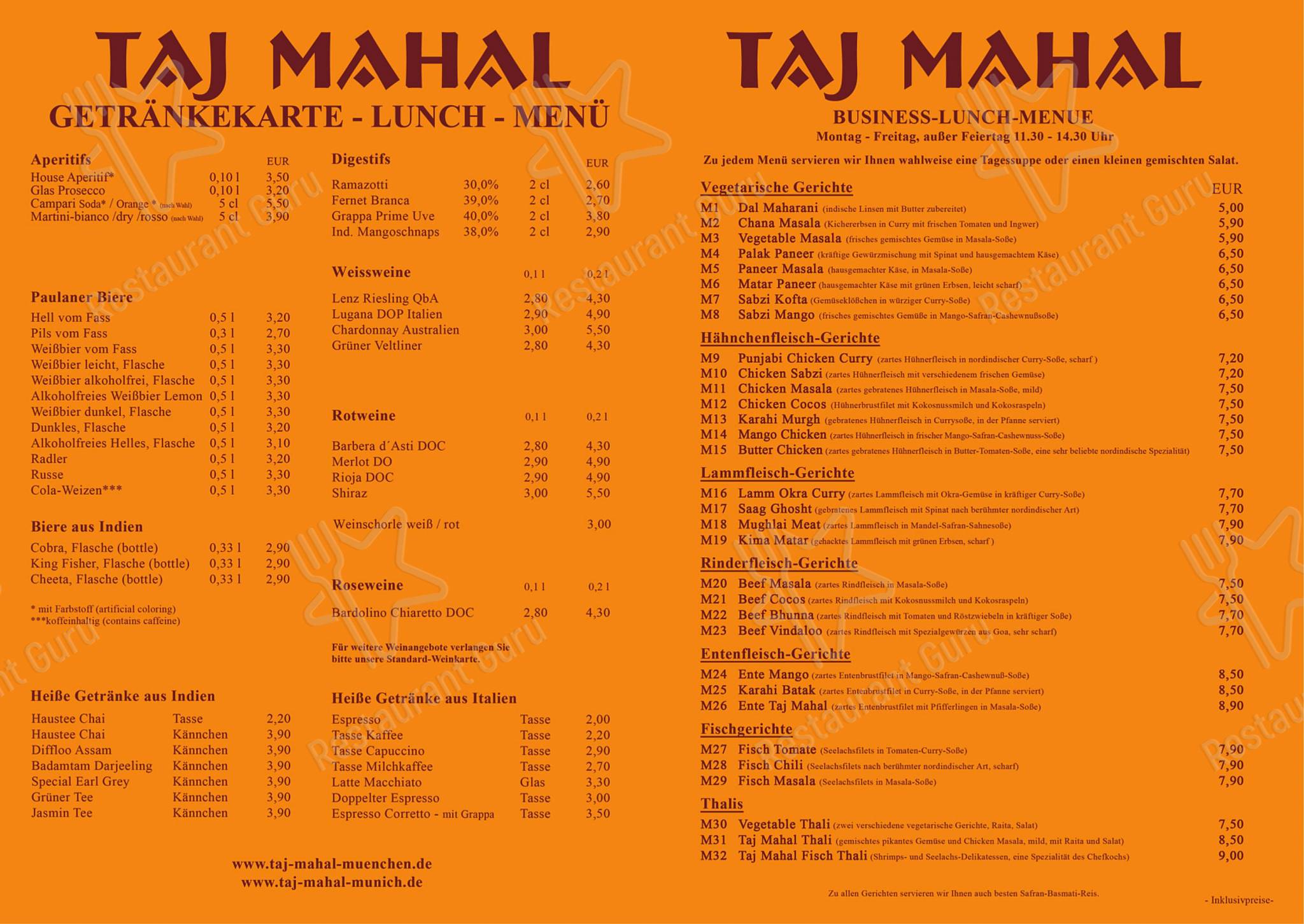 Menu at Indisches Restaurant Taj-Mahal, Munich, Nymphenburger Str. 145