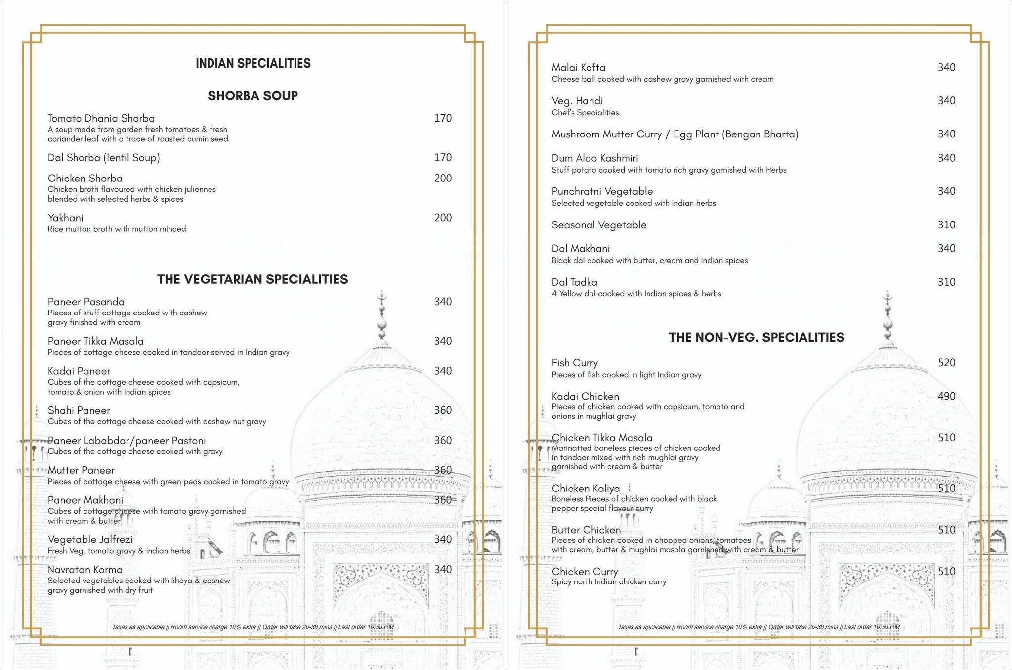 Menu at Taj Terrace, Agra, Hotel taj resorts