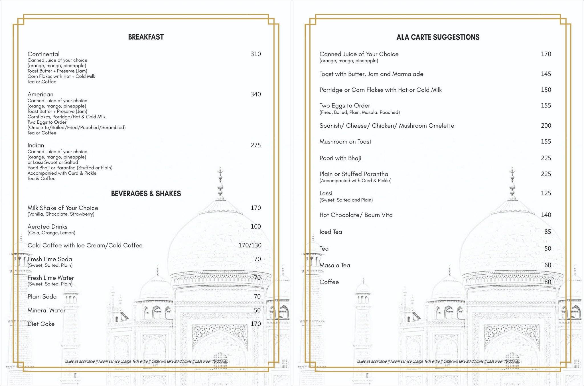 Menu at Taj Terrace, Agra, Hotel taj resorts