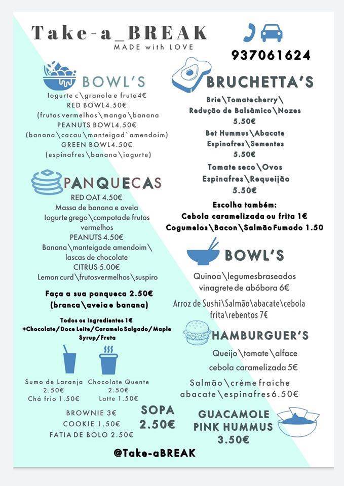 Menu at Take a Break restaurant, Carcavelos
