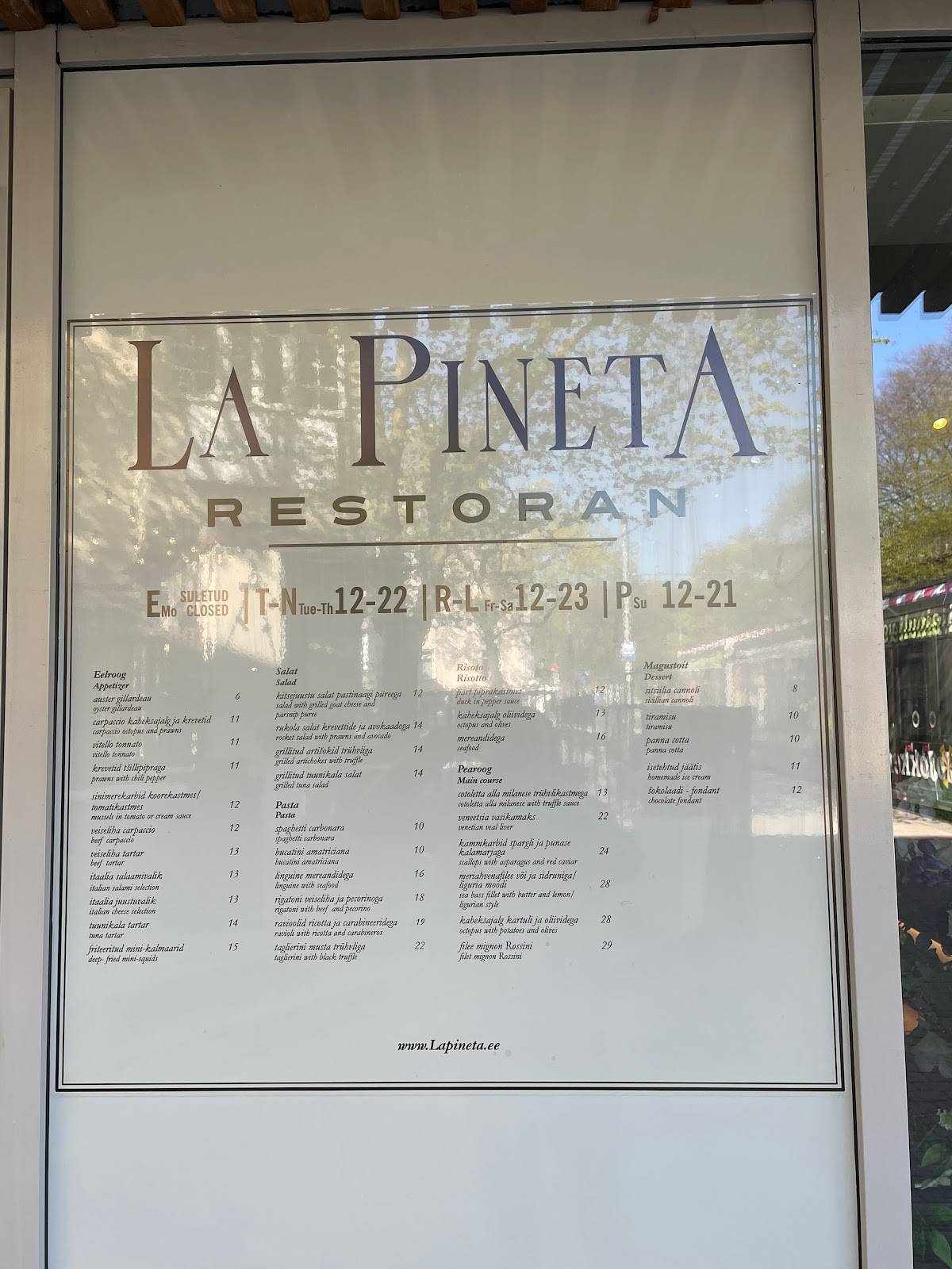 Speisekarte von La Pineta restaurant, Tallinn, A.Weizenbergi 18