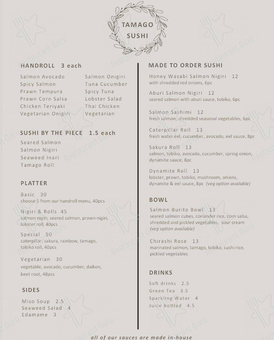Menu at Tamago Sushi cafe, Collingwood