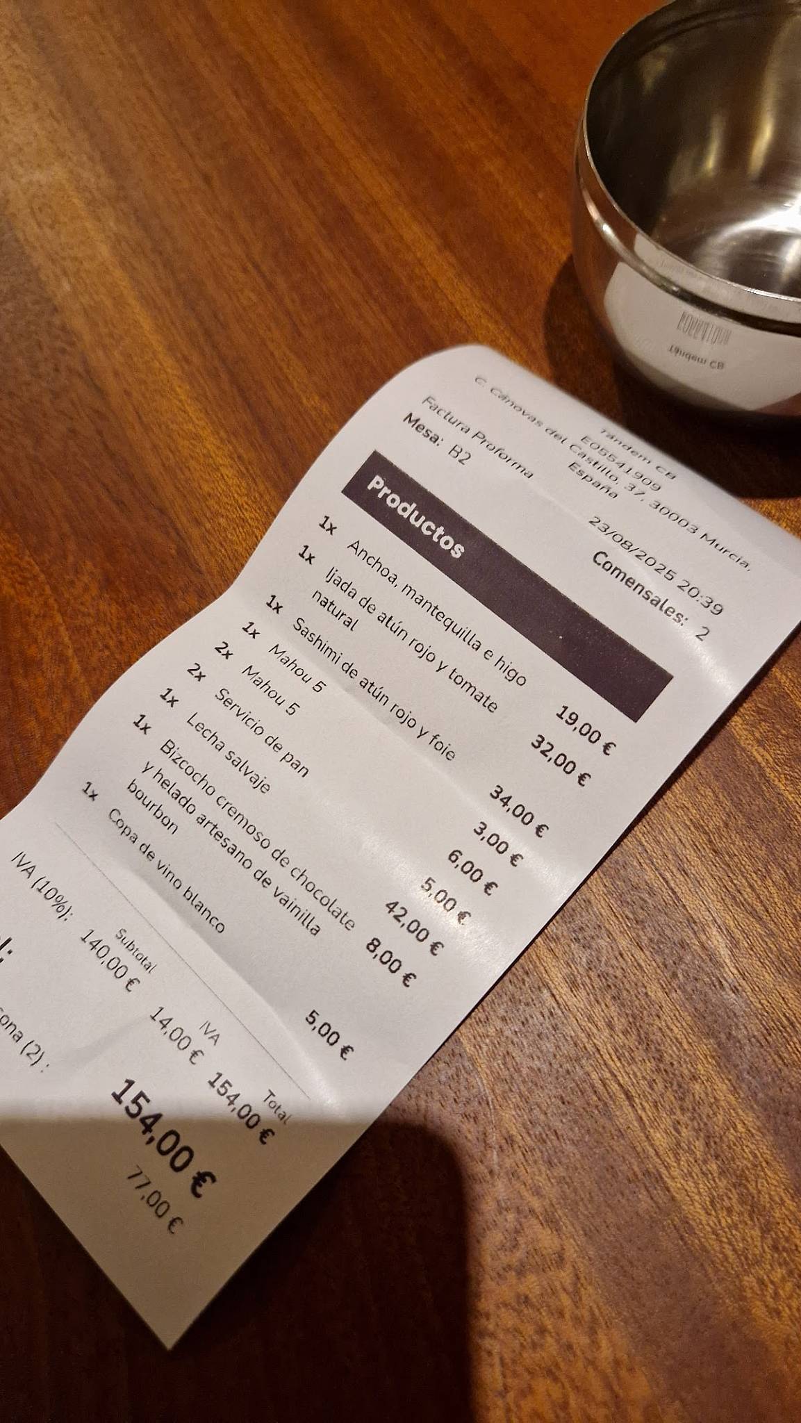 Carta del restaurante Tándem, Murcia, C. Cánovas del Castillo