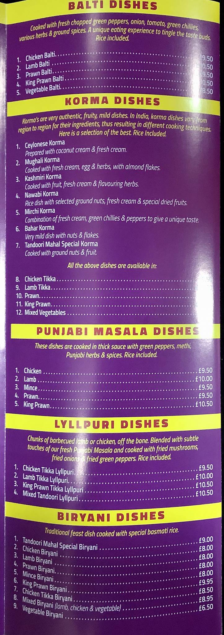 Menu at Tandoori Mahal restaurant, Wishaw