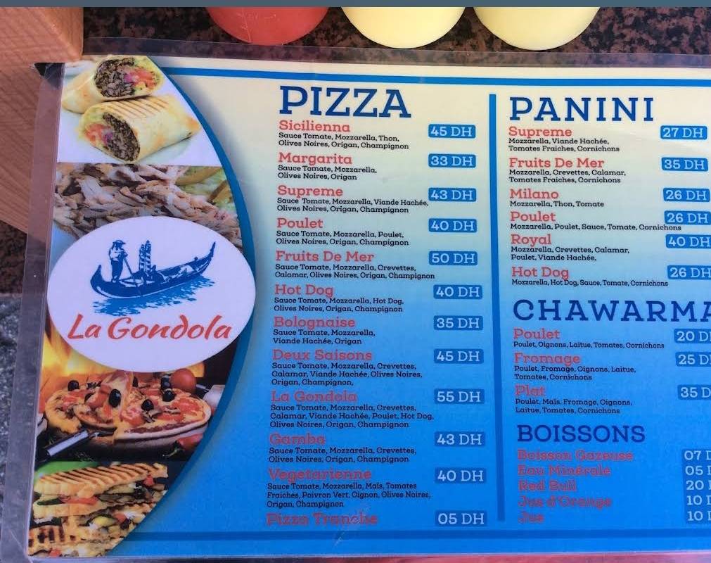 Menu au La Gondola restaurant, Tanger