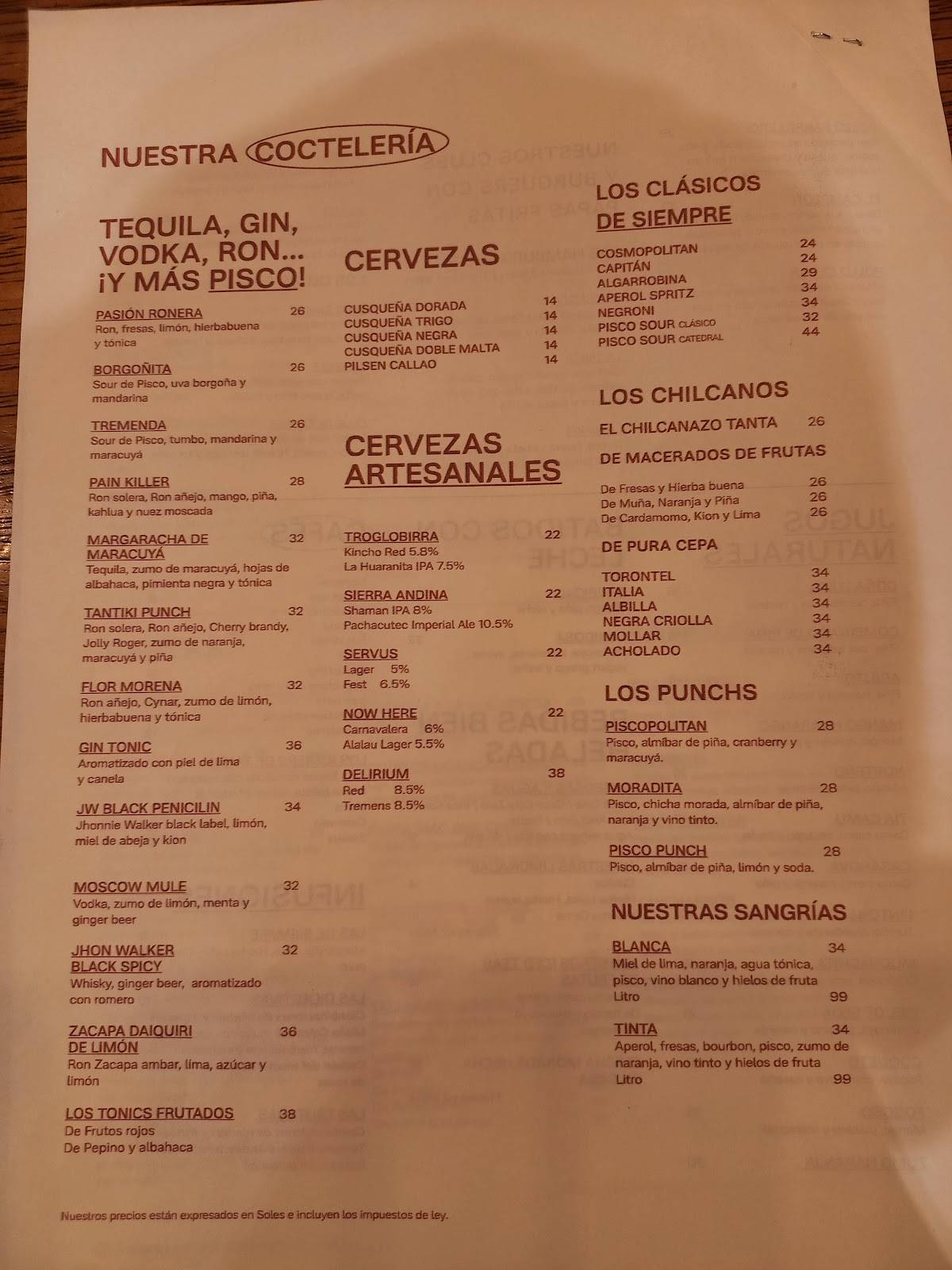 Carta del restaurante Tanta - Mall Aventura, Paucarpata
