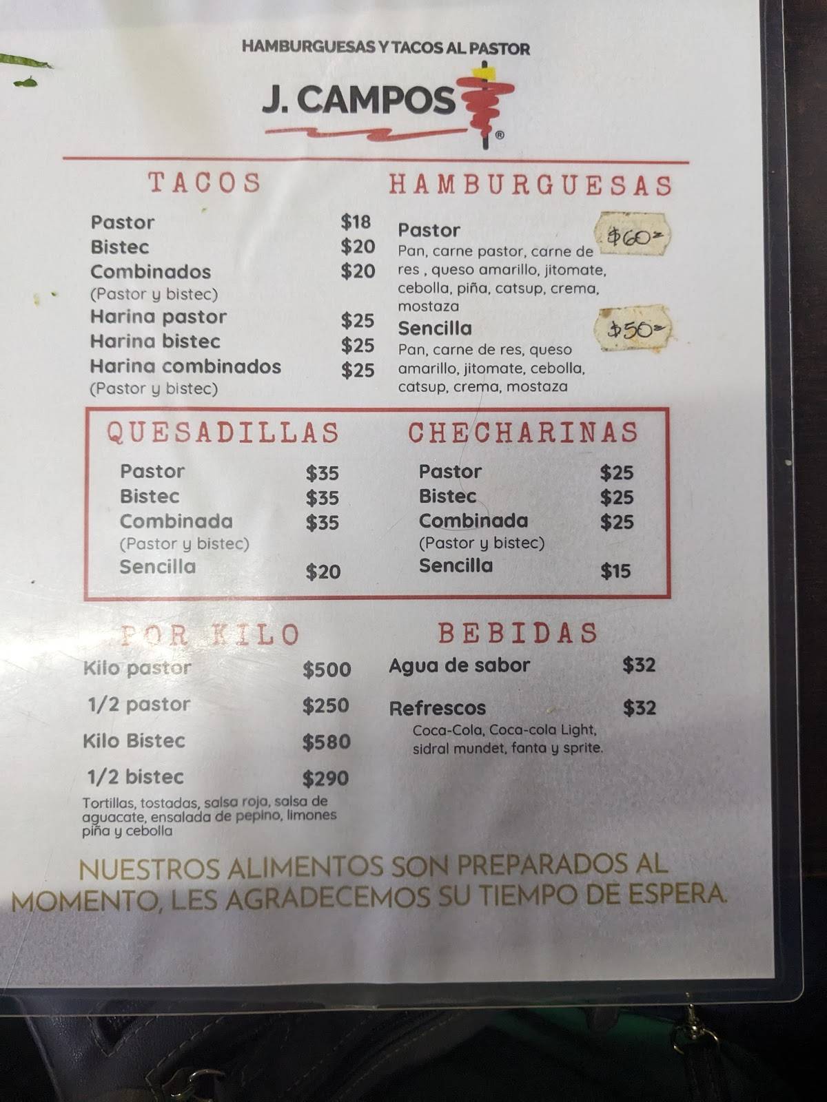 Carta del restaurante Taquería J. Campos, Morelia, Av Acueducto 3232
