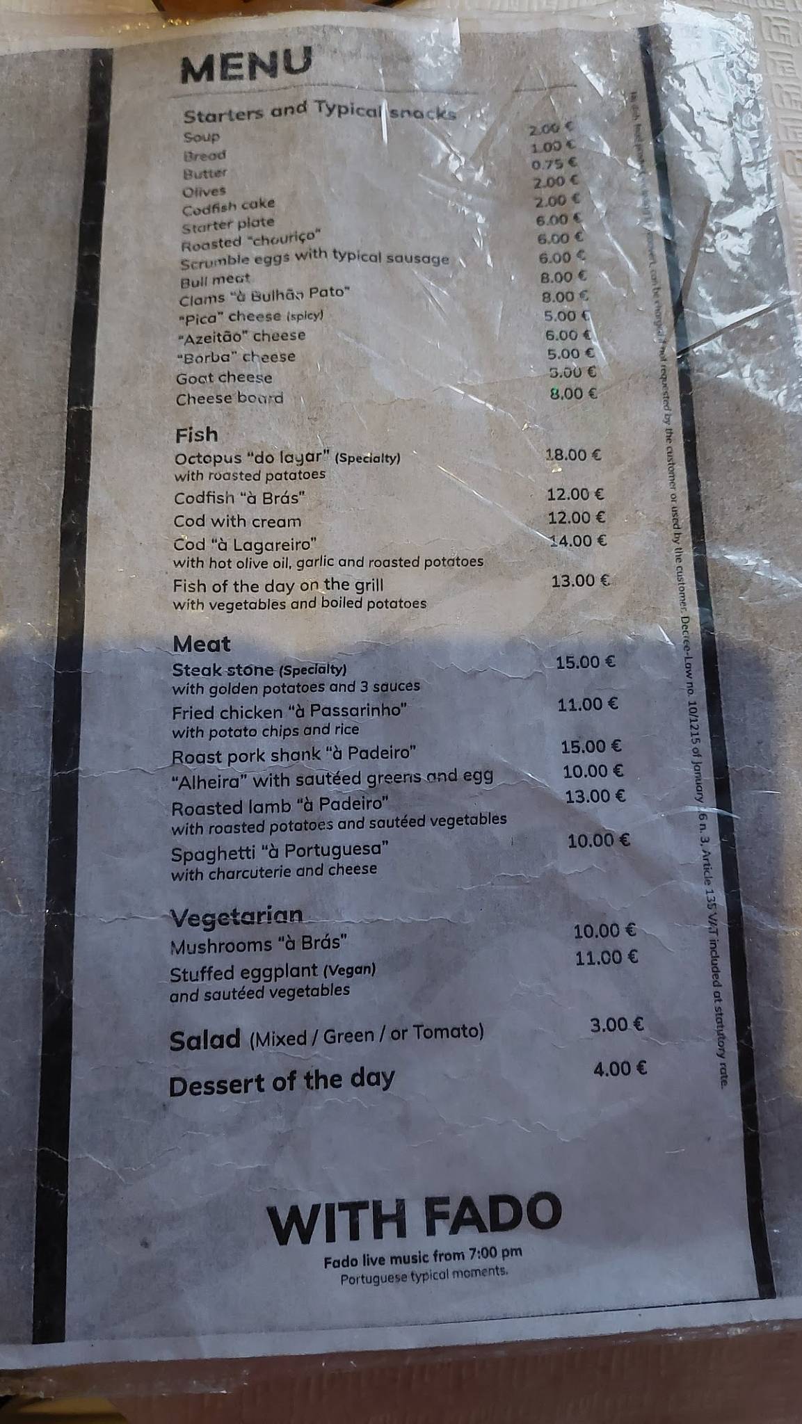 Menu at Tasca da tia Macheta restaurant, Lisbon