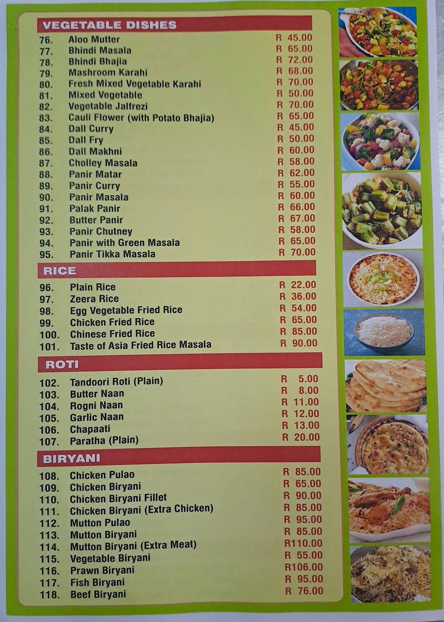 Menu at Taste Of Asia restaurants, Lenasia