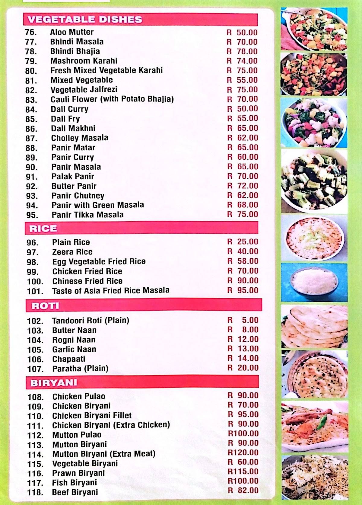 Menu at Taste Of Asia restaurants, Lenasia