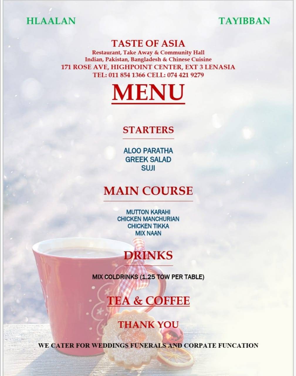 Menu at Taste Of Asia restaurants, Lenasia