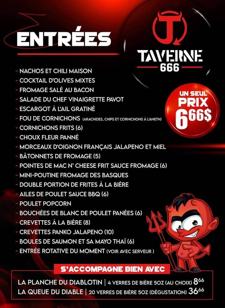 Menu at Taverne 666 pub & bar, Rimouski