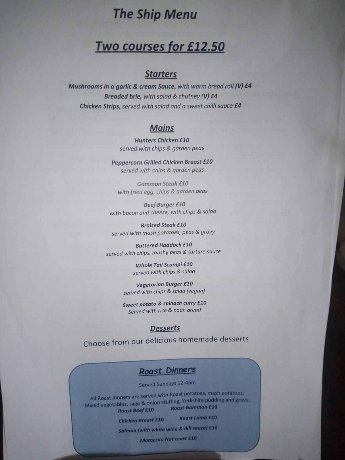 Menu at The Ship Inn pub & bar, Tean, Cheadle Rd