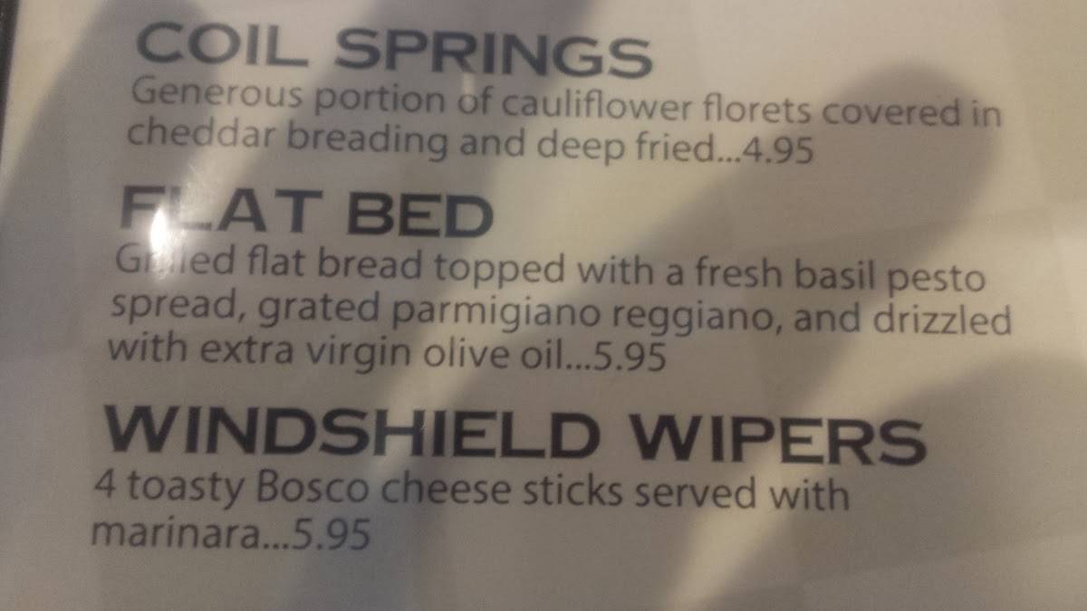 Menu at Ted's Garage restaurant, Clinton