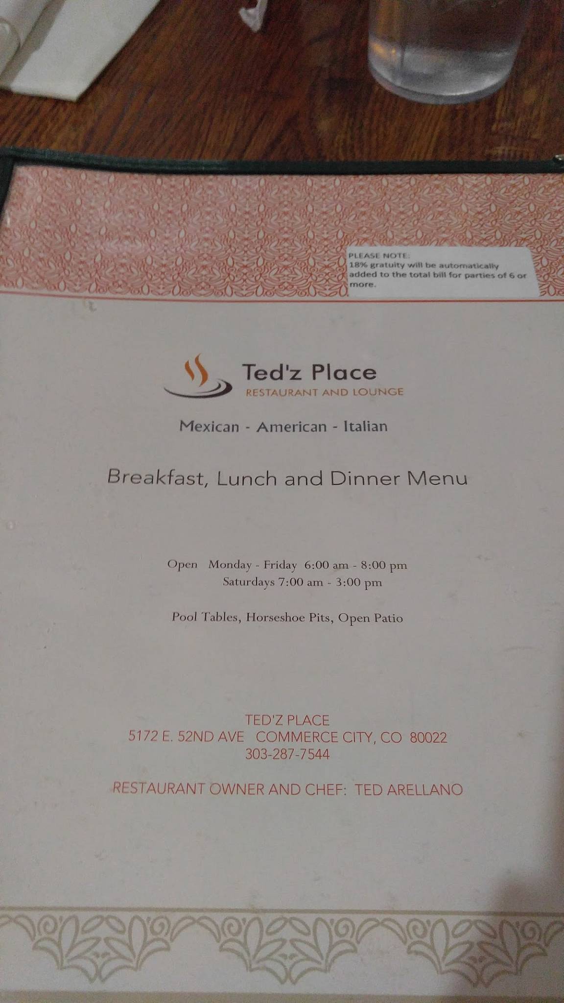 Menu at Ted'z Place Restaurant and Lounge, Commerce City