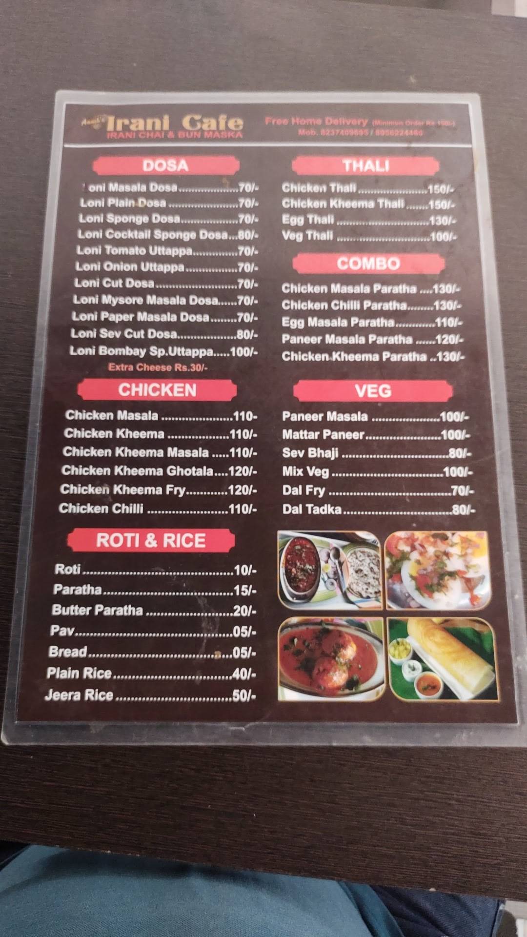 Menu at Tehrans Irani Cafe, Pune