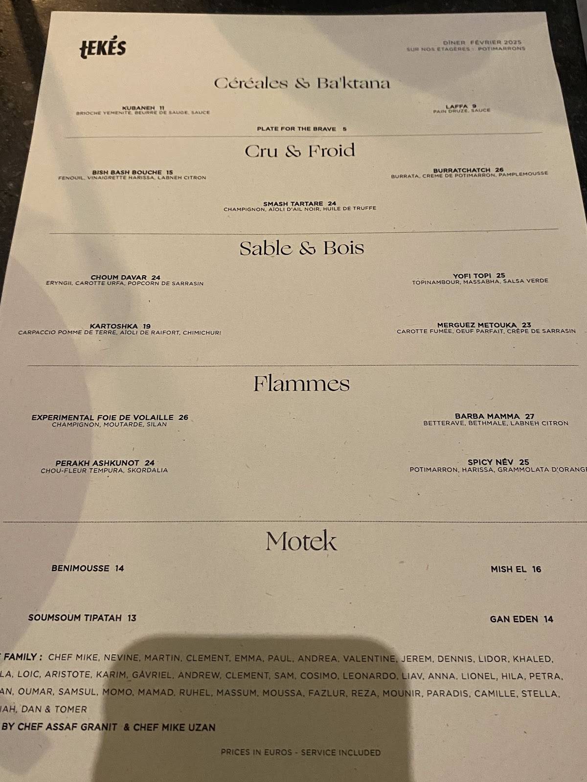 Menu at Tekés restaurant, Paris