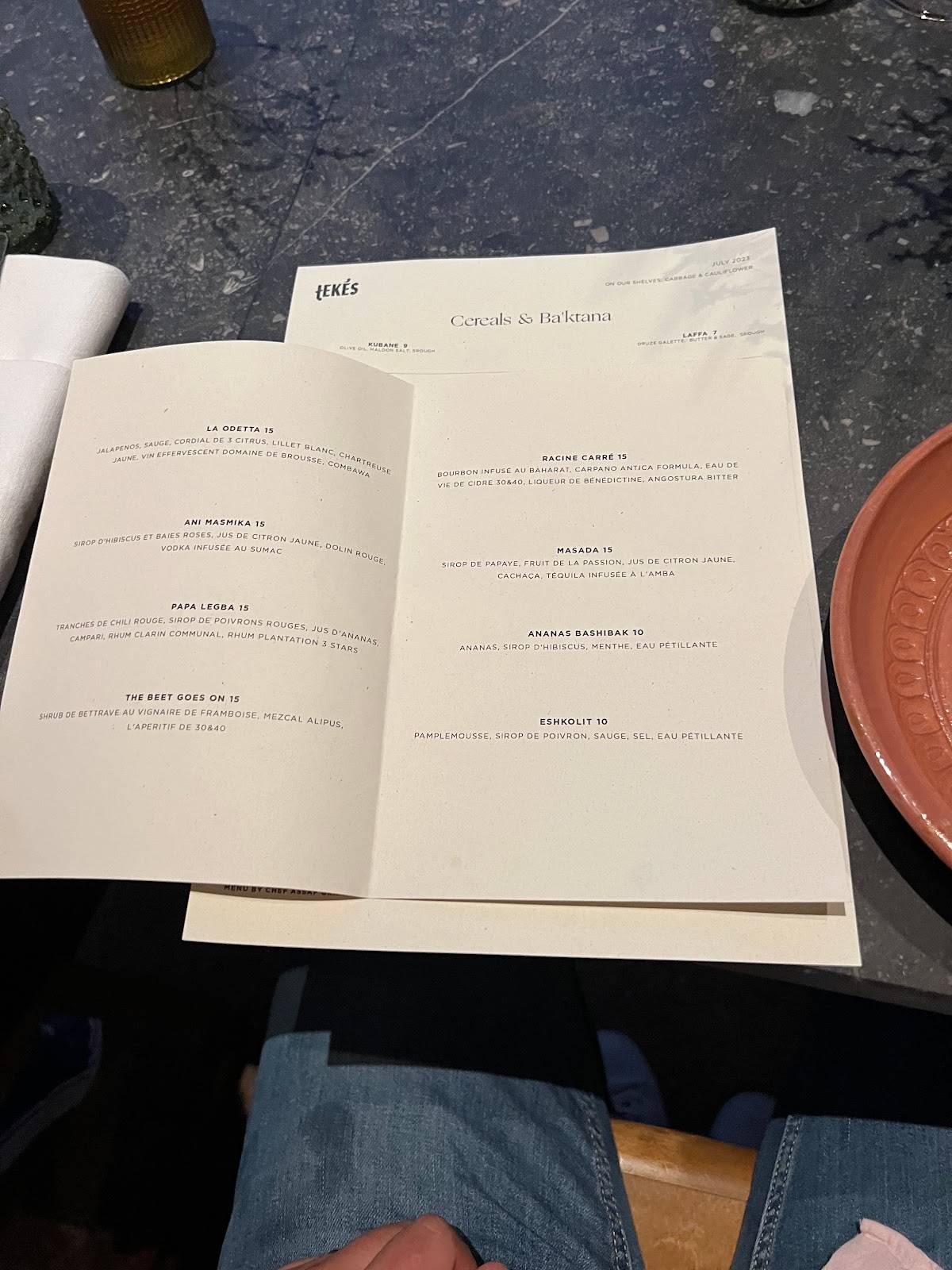 Menu au Tekés restaurant, Paris