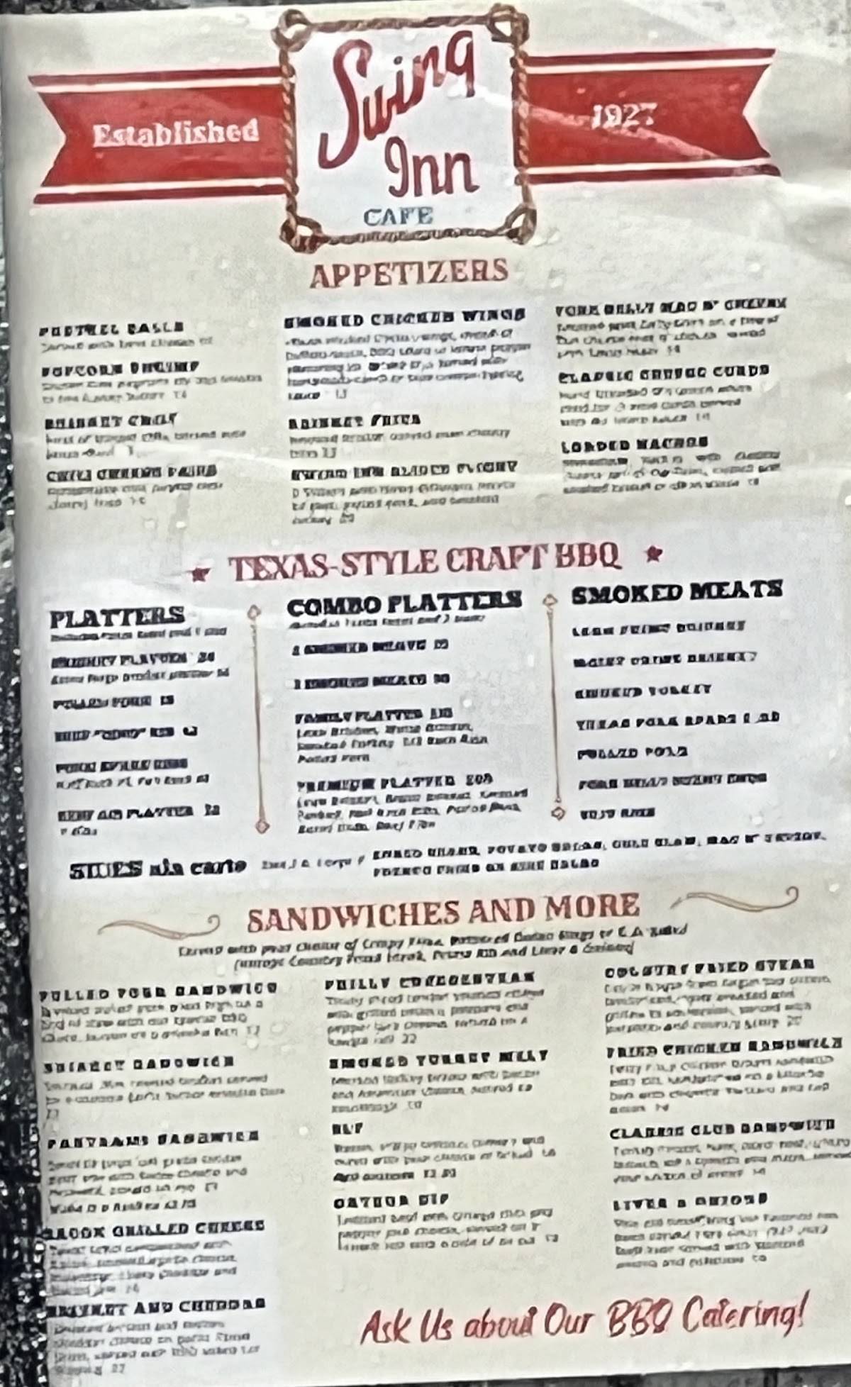 Menu at Swing Inn Cafe & BBQ, Temecula