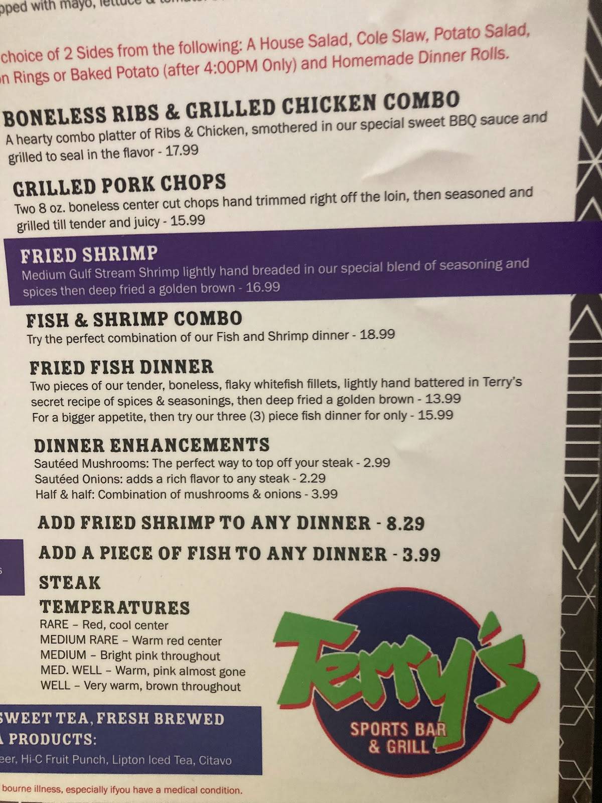 Menu at Terry's Place pub & bar, Ocala