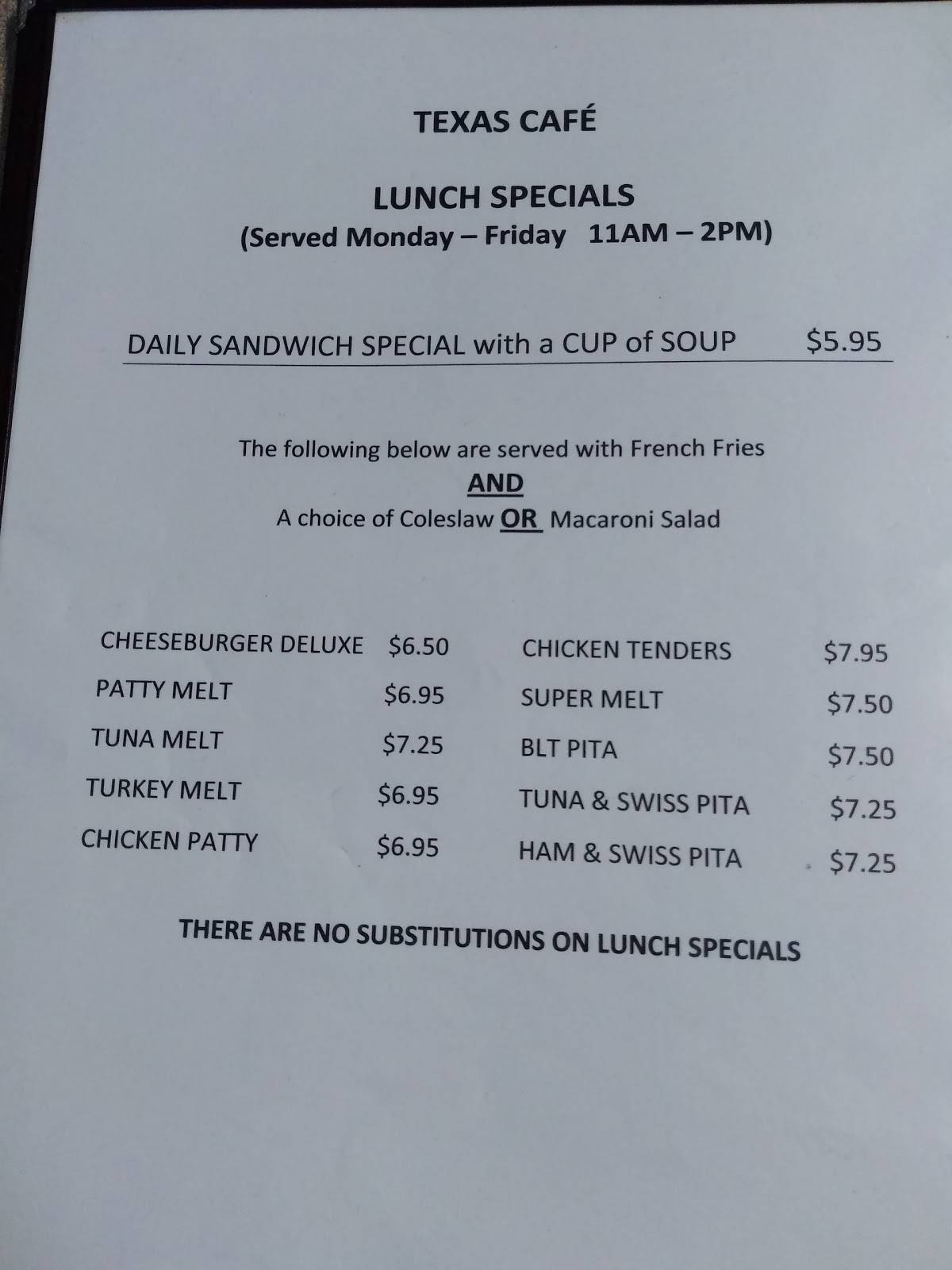Menu at Texas Cafe, Hornell
