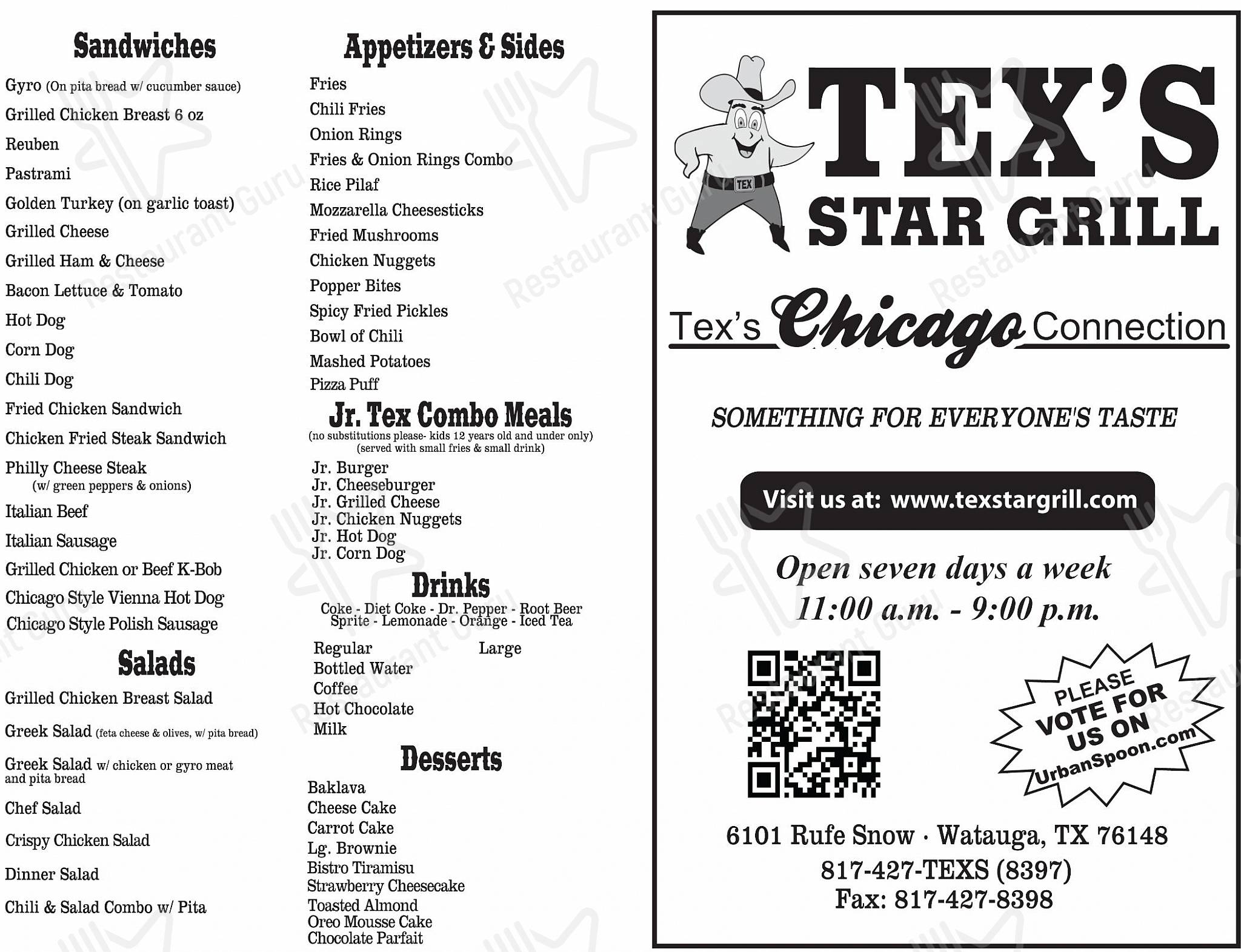 Menu at Tex's Star Grill restaurant, Watauga