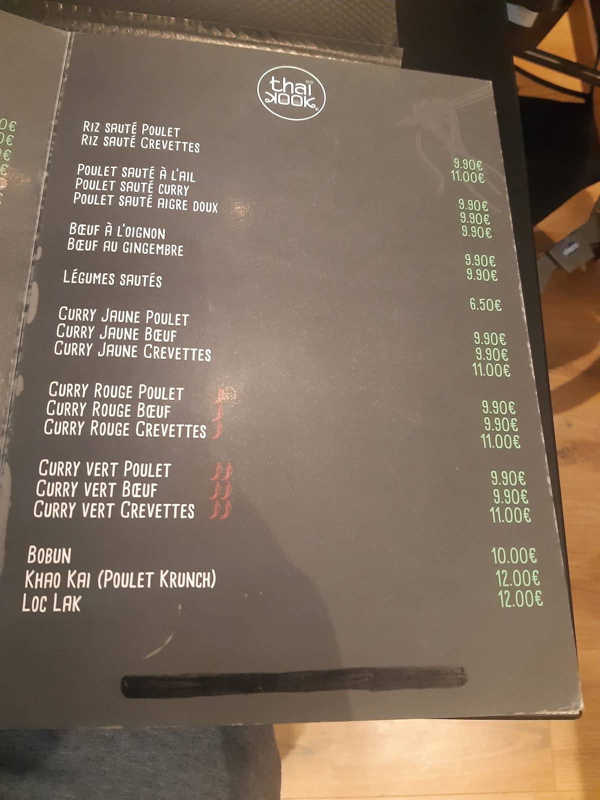 Menu au Original Thaï Kook restaurant, Roubaix