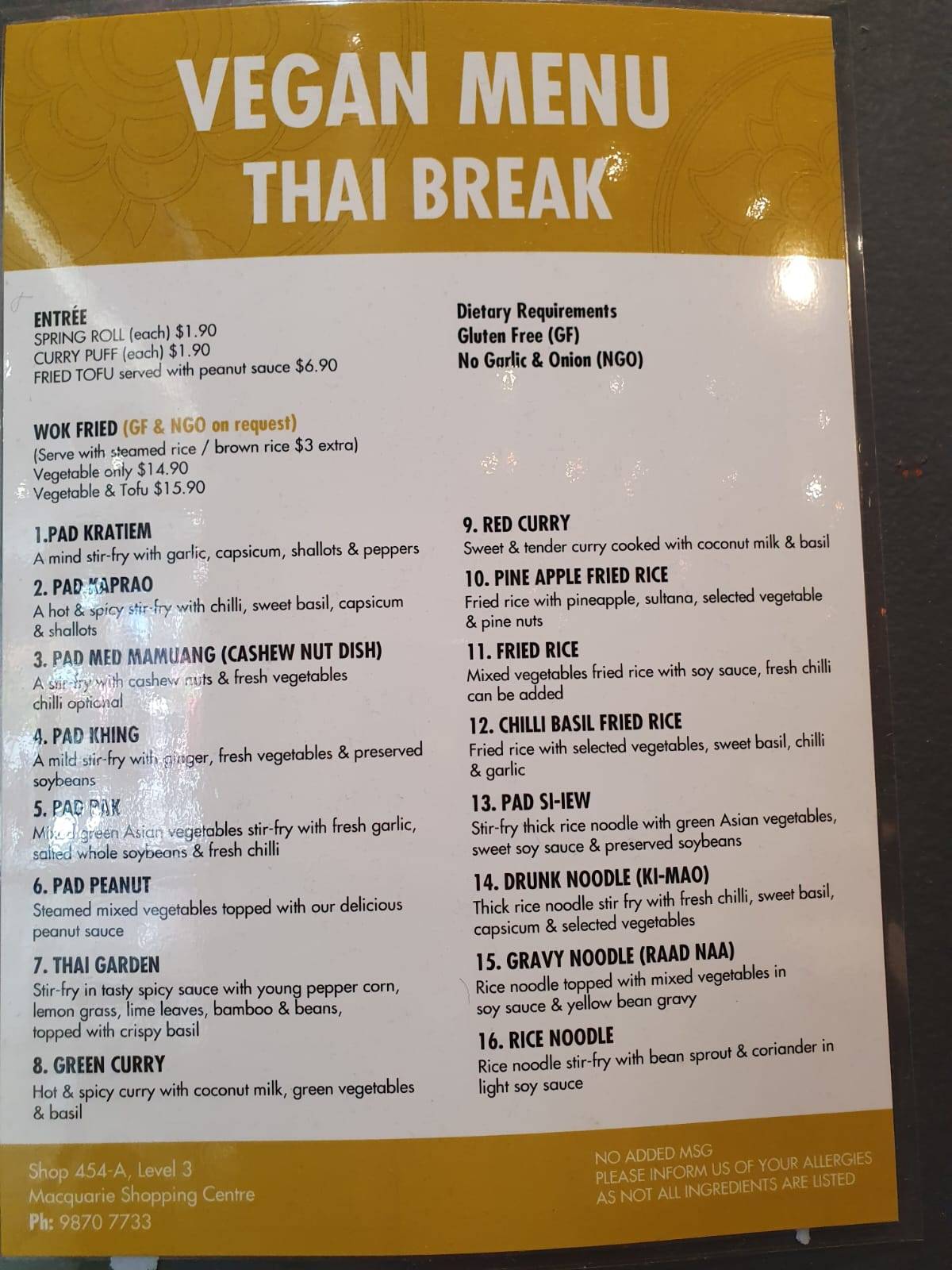 Menu at Thai Break restaurant, Macquarie Park