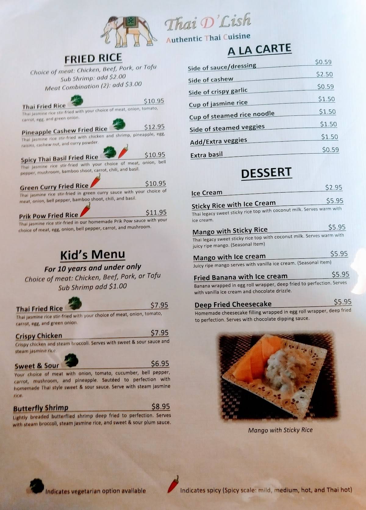 Menu at Thai D'Lish restaurant, Quincy