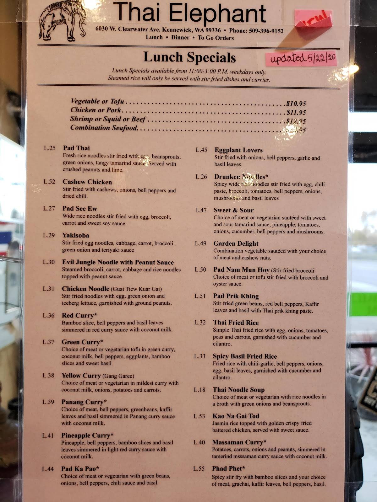 Menu at Thai Elephant restaurant, Kennewick