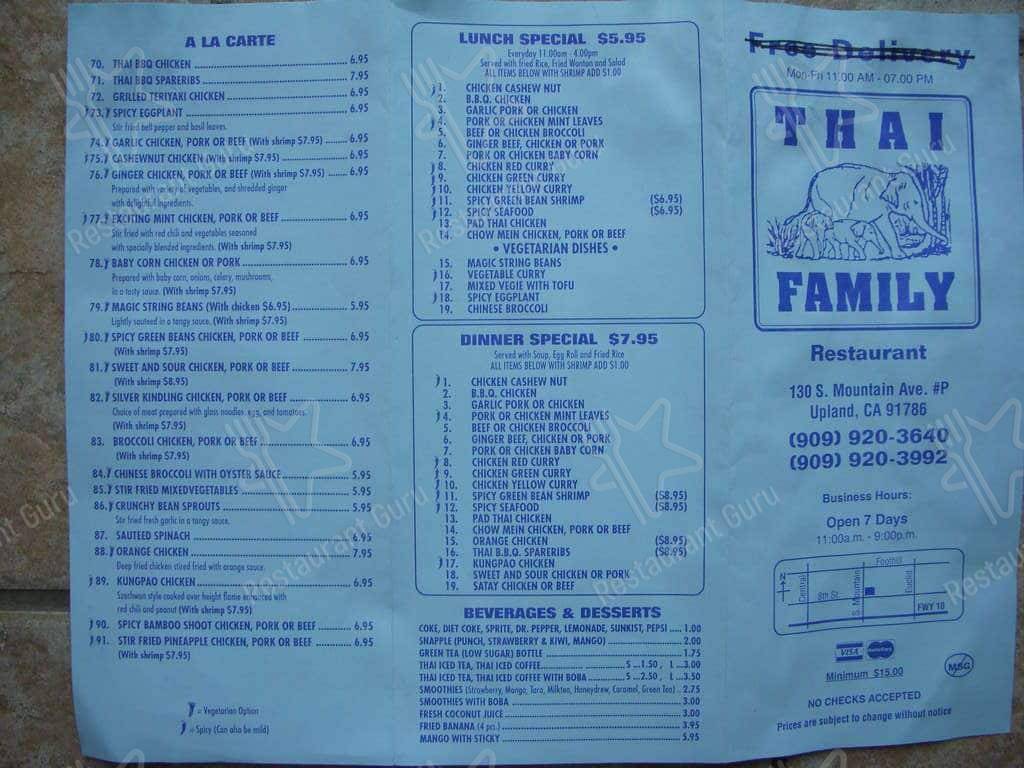 Menu at Thai Family Sisters Restaurant, Upland