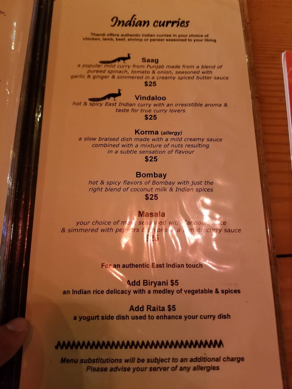 Menu at Thandi restaurant, Saint John