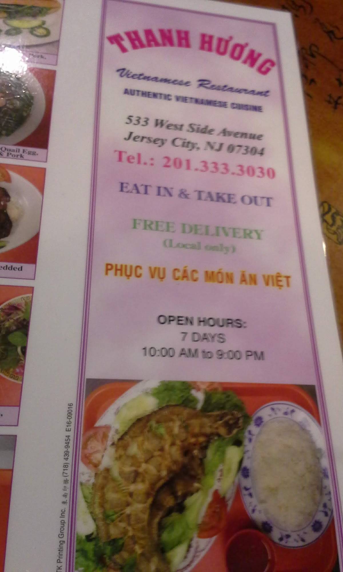 Menu at Thanh Huong restaurant, Jersey City