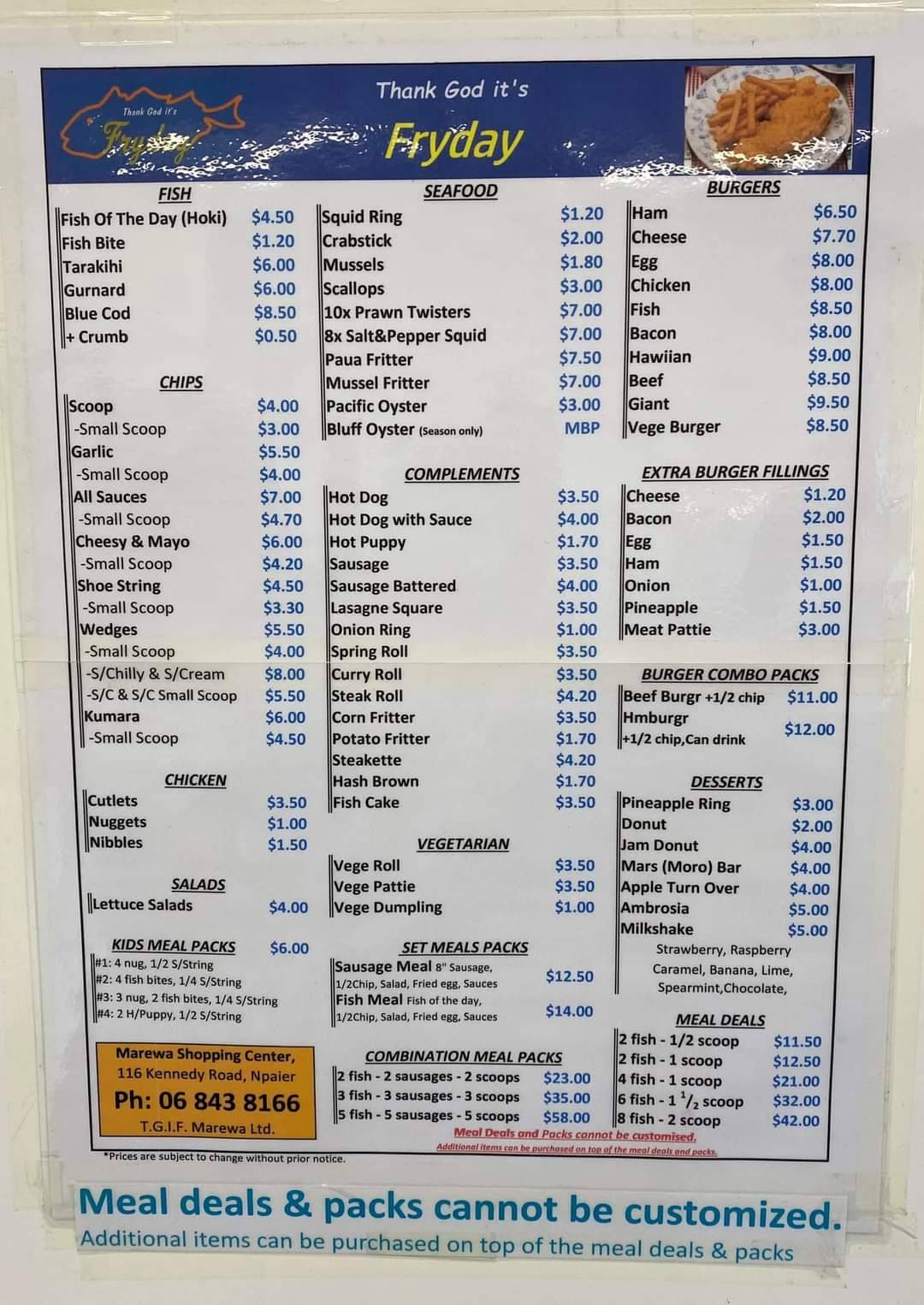 Menu at Thank God It's Fryday Fish n Chips restaurant, Napier