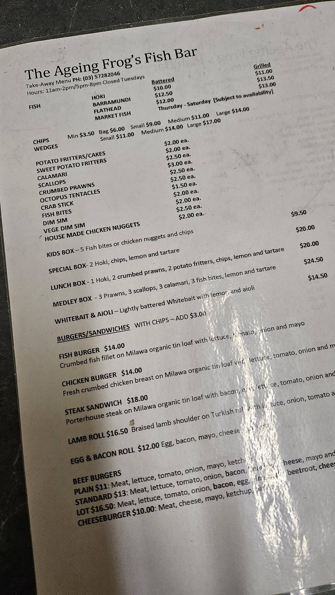Menu at The Ageing Frog Fish Bar, Beechworth