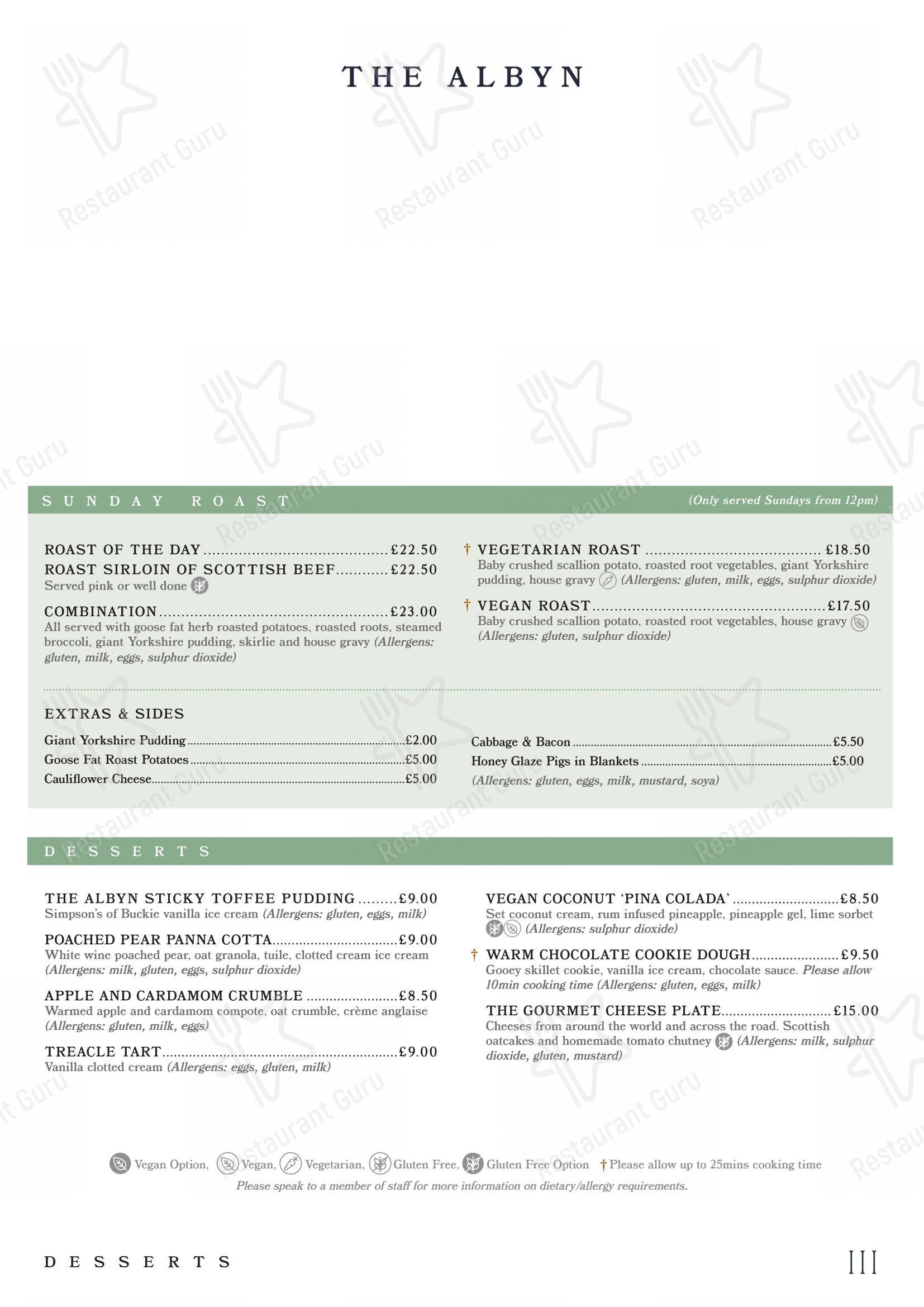 Menu at The Albyn restaurant, Aberdeen