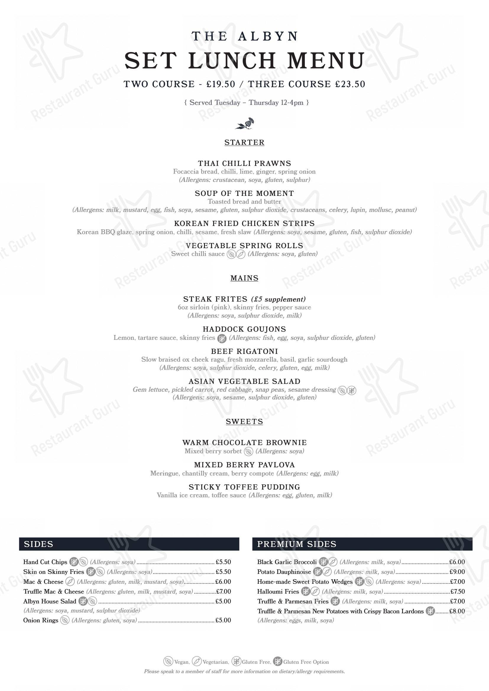 Menu at The Albyn restaurant, Aberdeen