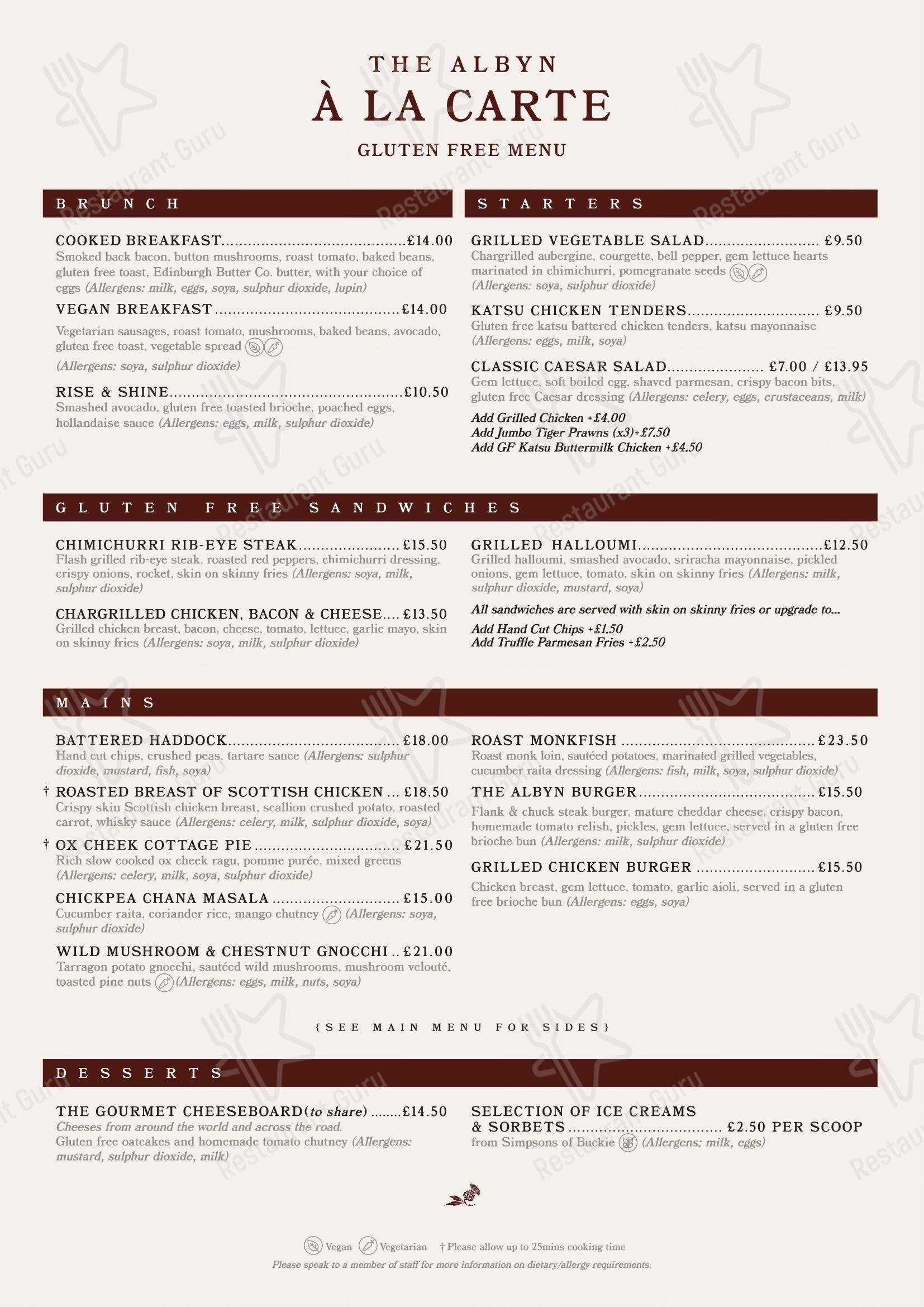 Menu at The Albyn restaurant, Aberdeen