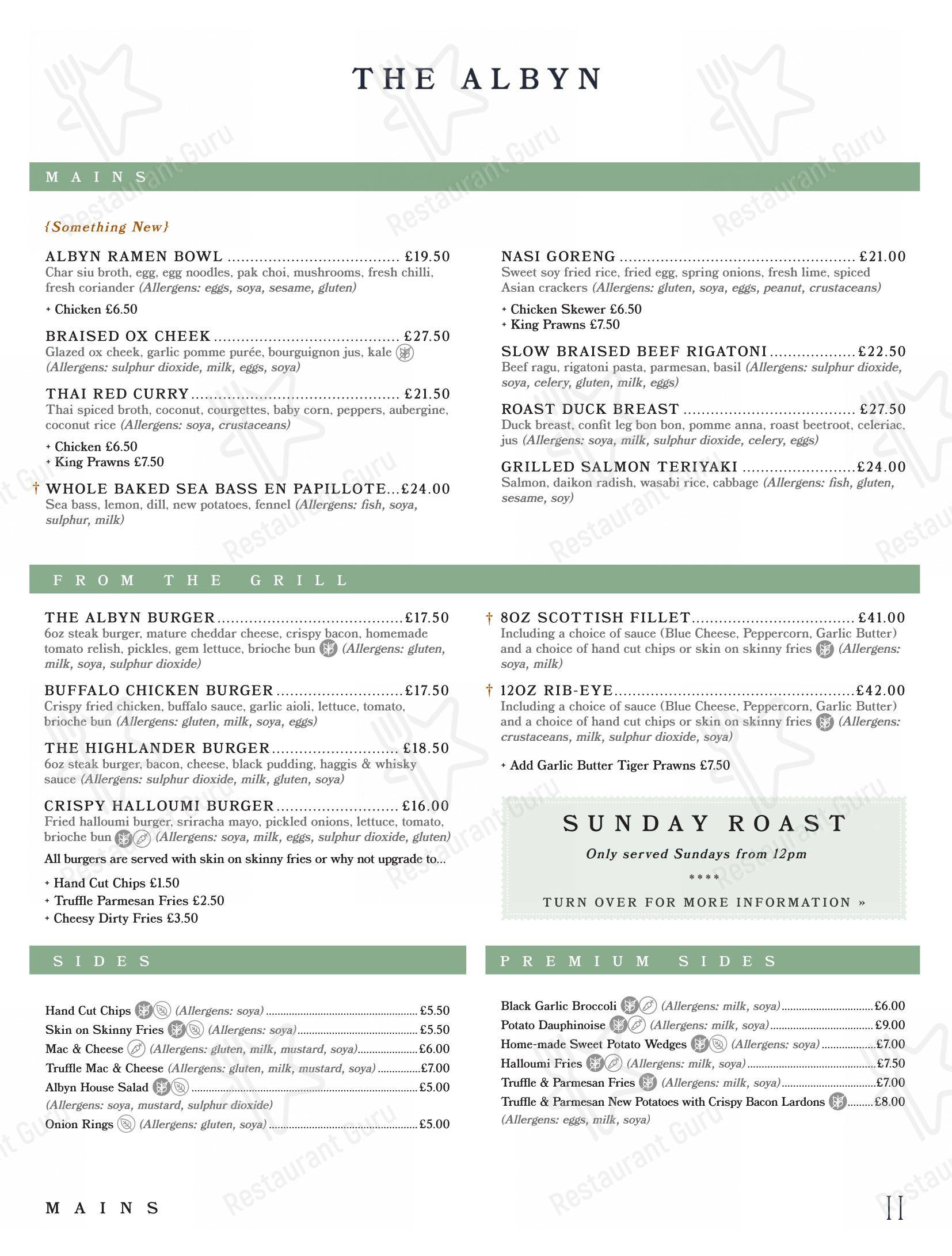 Menu at The Albyn restaurant, Aberdeen