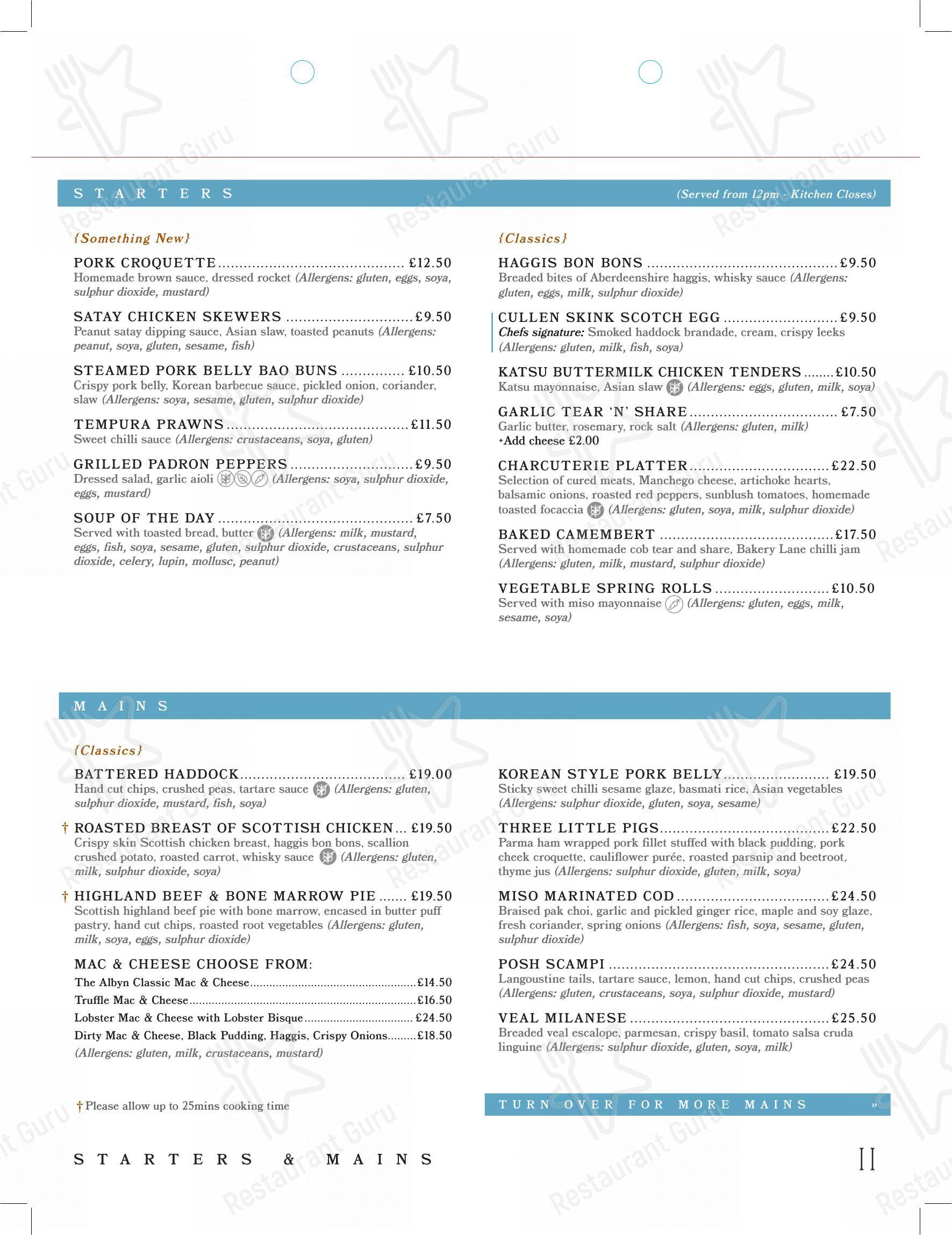 Menu at The Albyn restaurant, Aberdeen