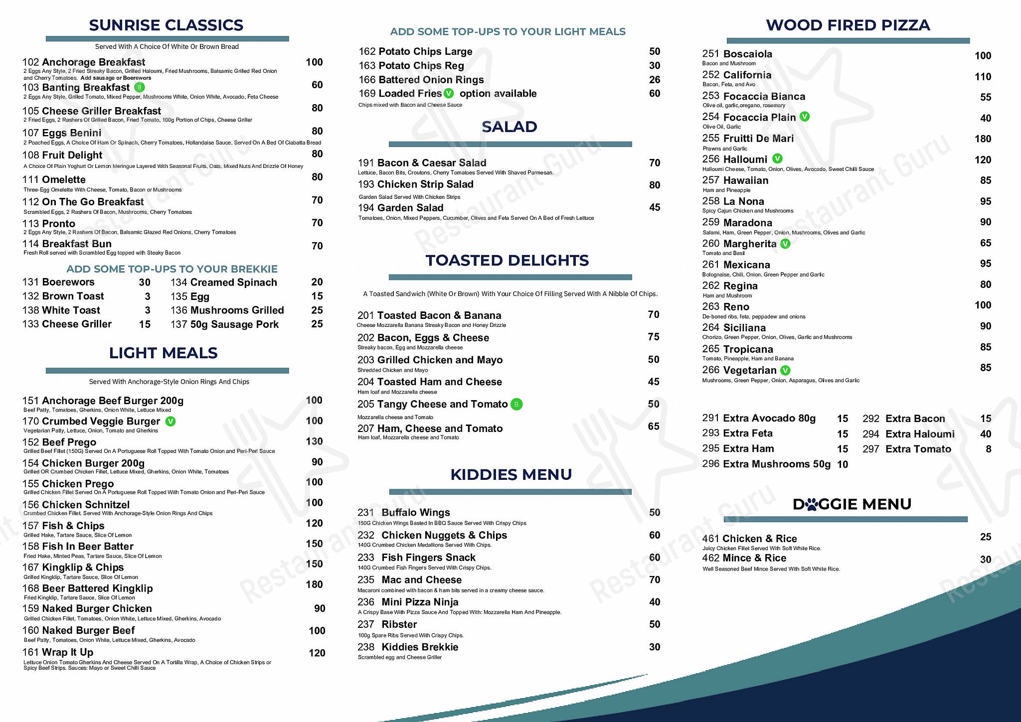 Menu at The Anchorage pizzeria, Vaal Marina