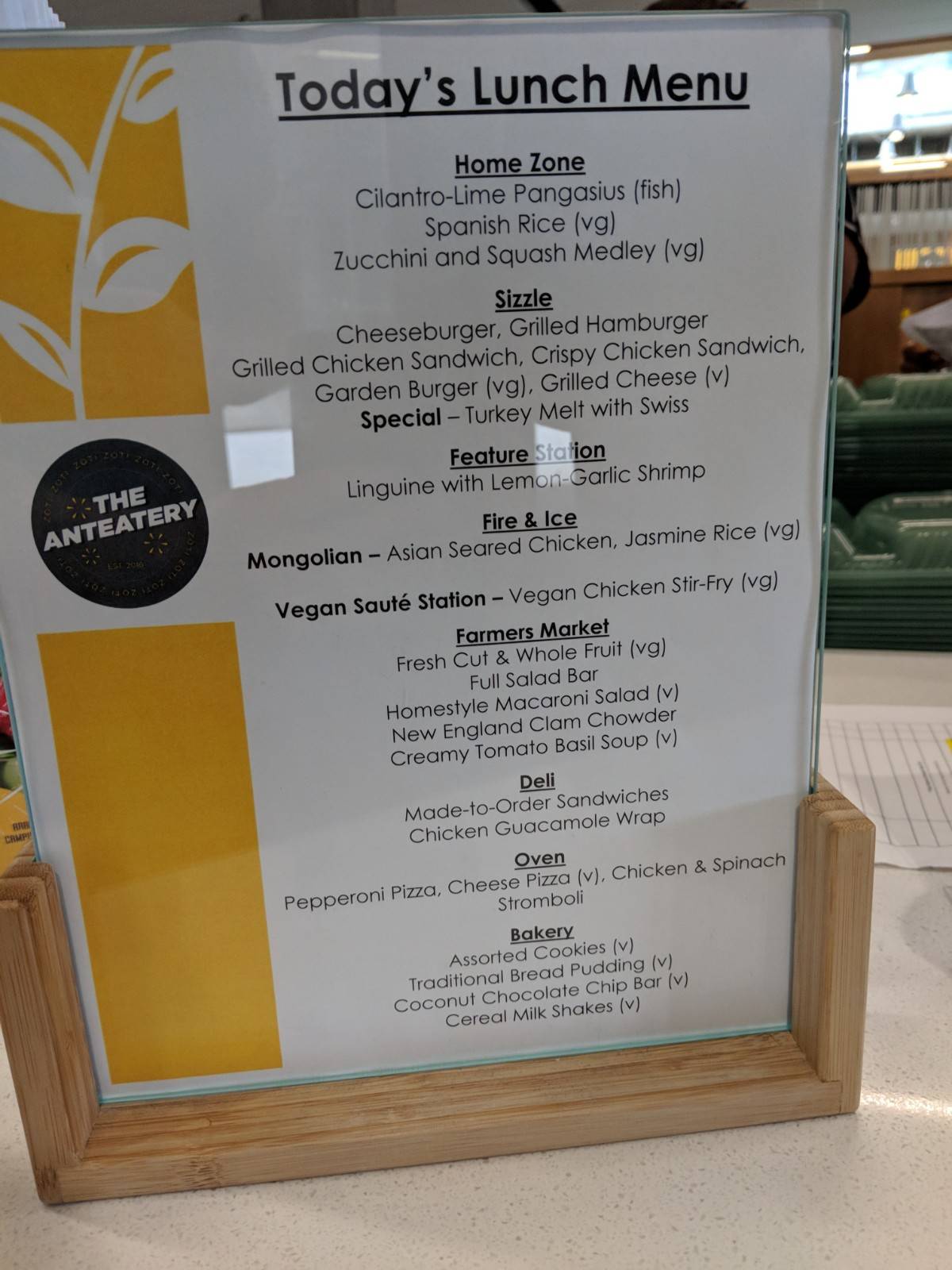 Menu at The Anteatery cafeteria, Irvine