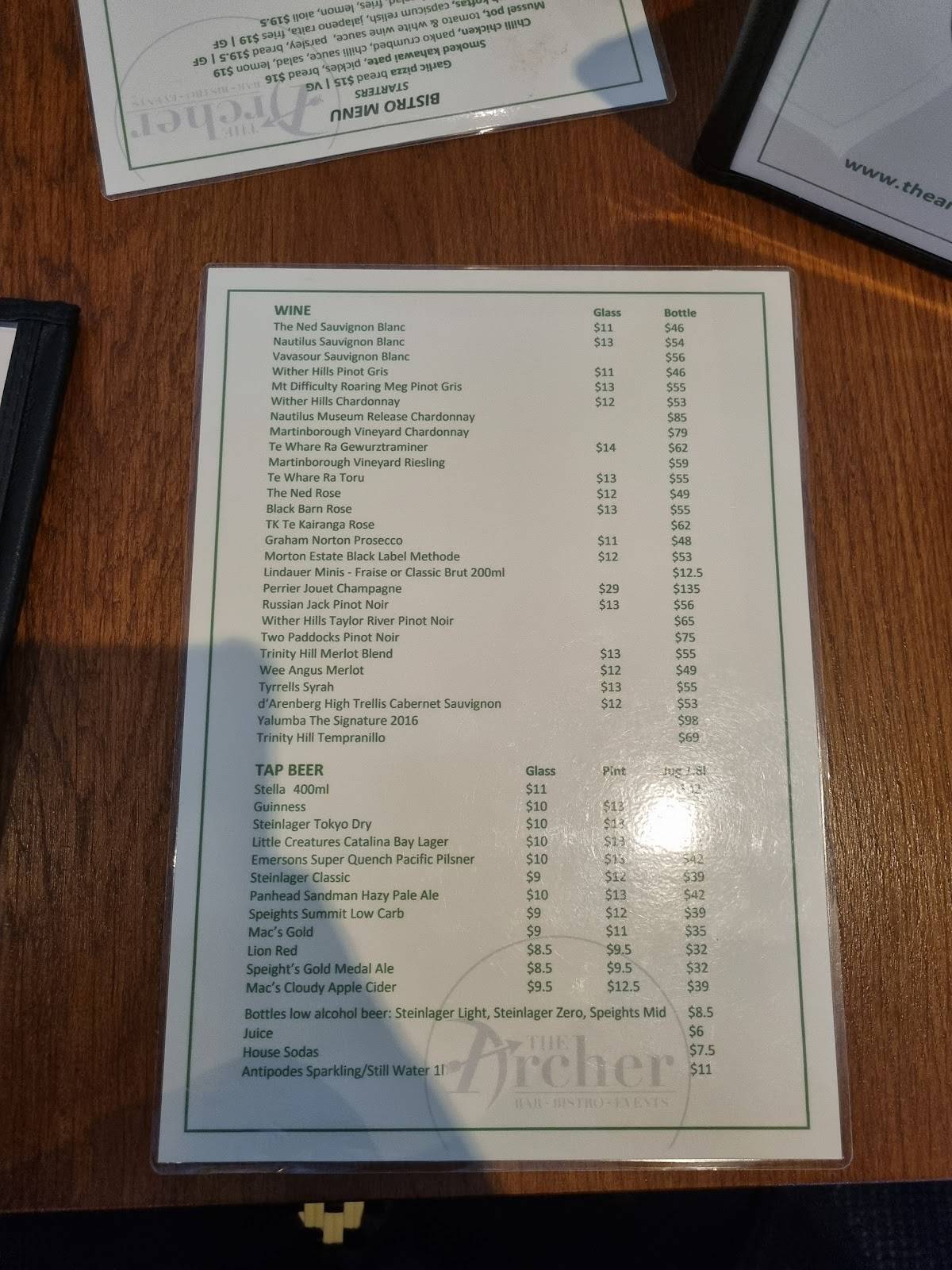 Menu at The Archer pub & bar, Whangaparaoa