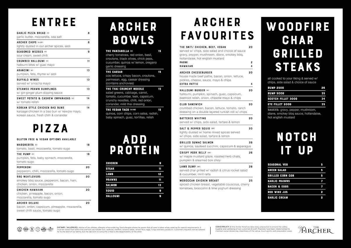 Menu at The Archer Hotel pub & bar, North Adelaide, 60 O'Connell St