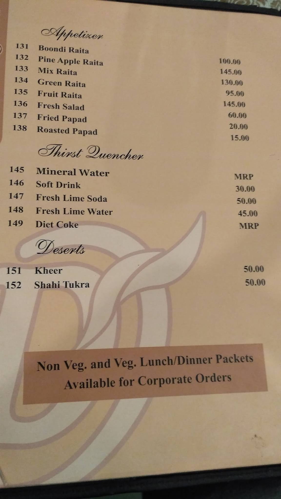 Menu at The Awadh's Dastarkhwan, Lucknow