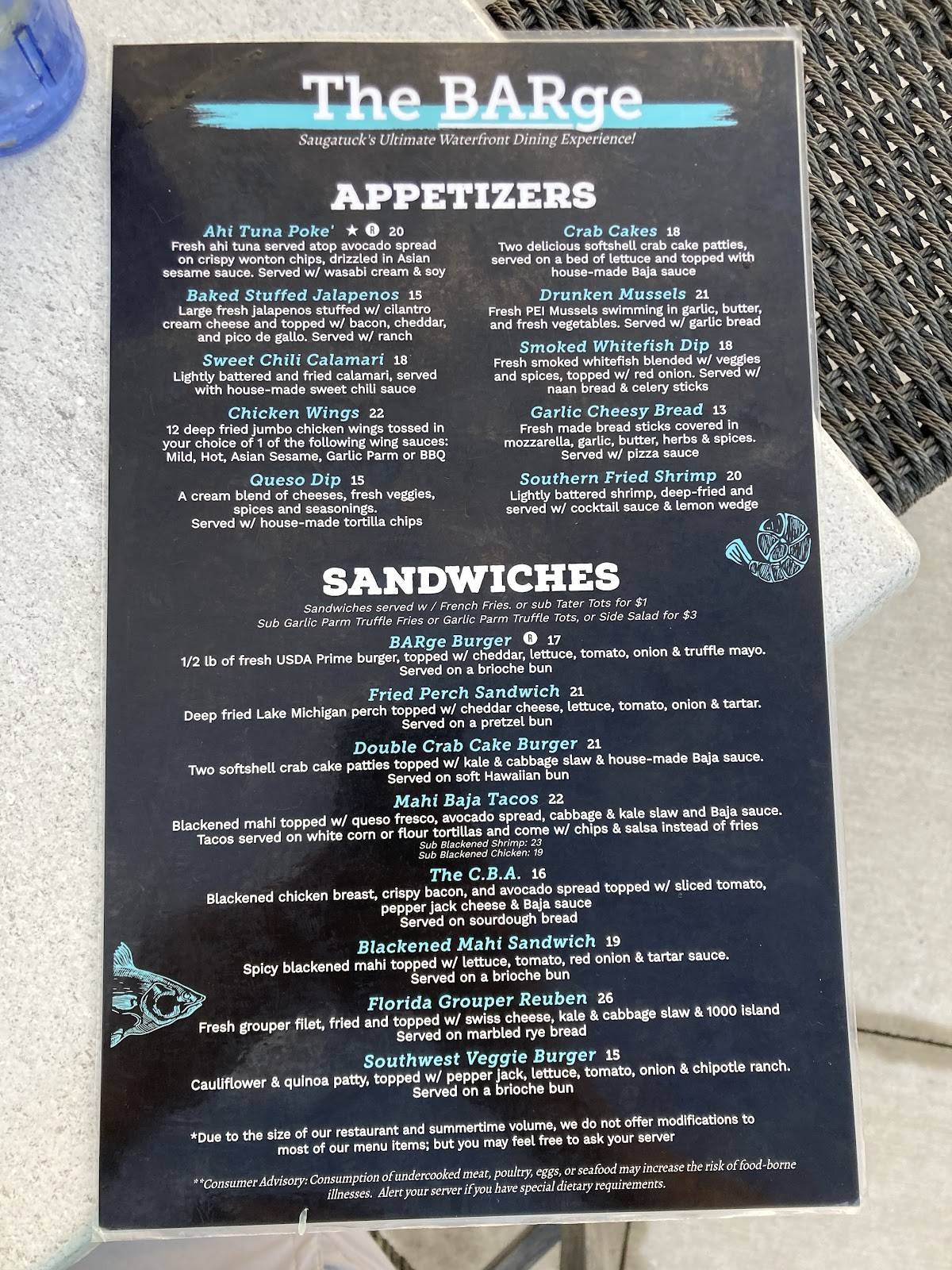 Menu at The BARge, Saugatuck