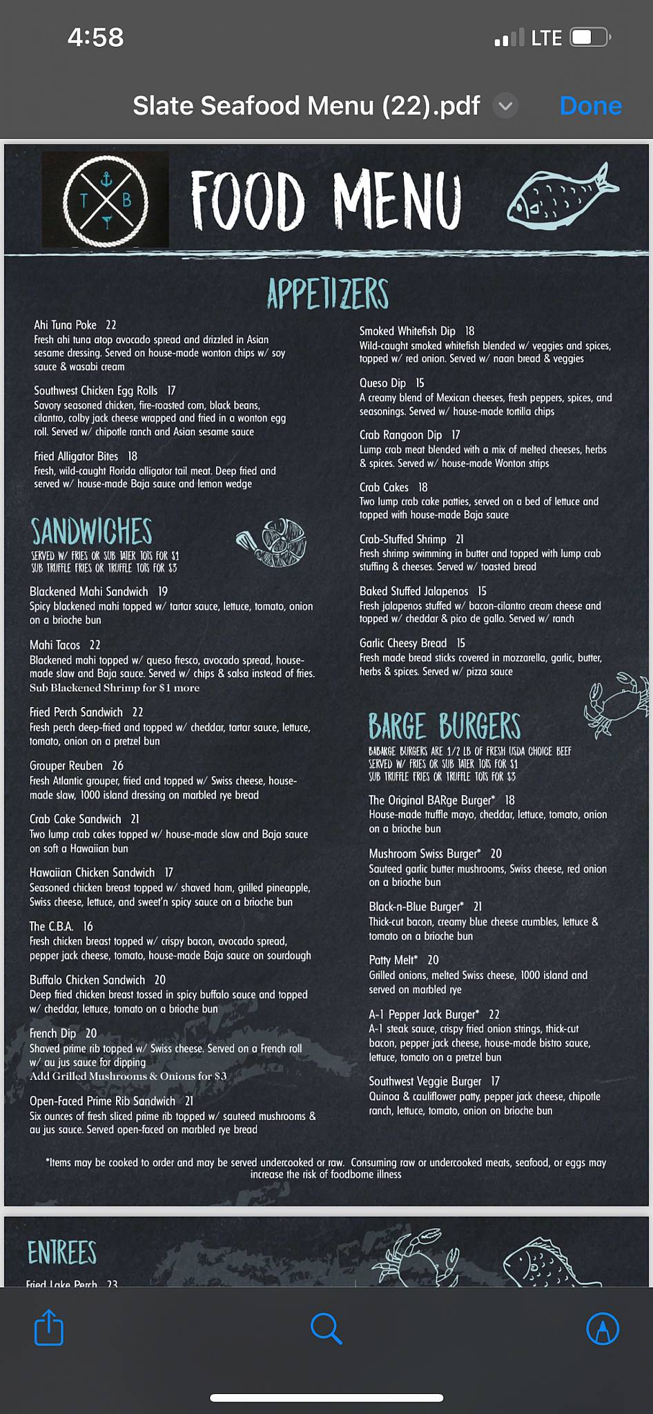 Menu at The BARge, Saugatuck
